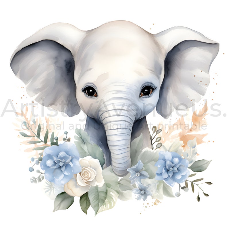 Floral Baby Elephant Clipart: Nursery Art (digital Download) - Etsy