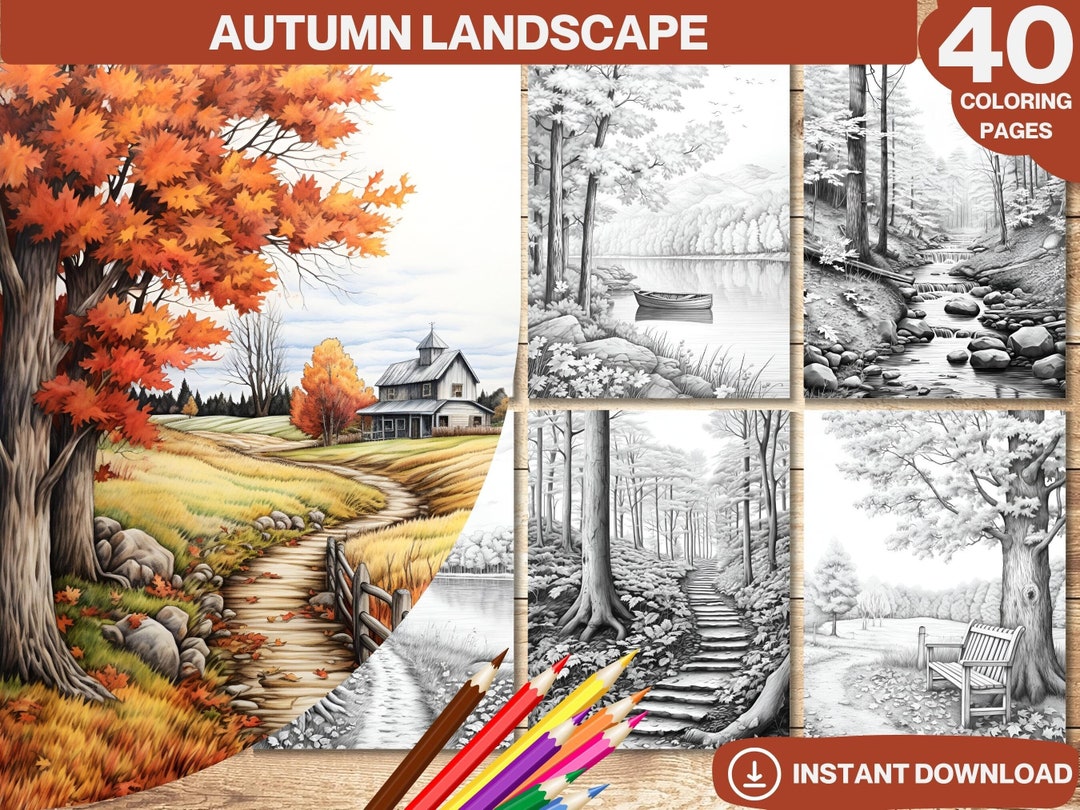 Autumn Landscape Coloring Book | Colouring Pages Adults and Kids ...