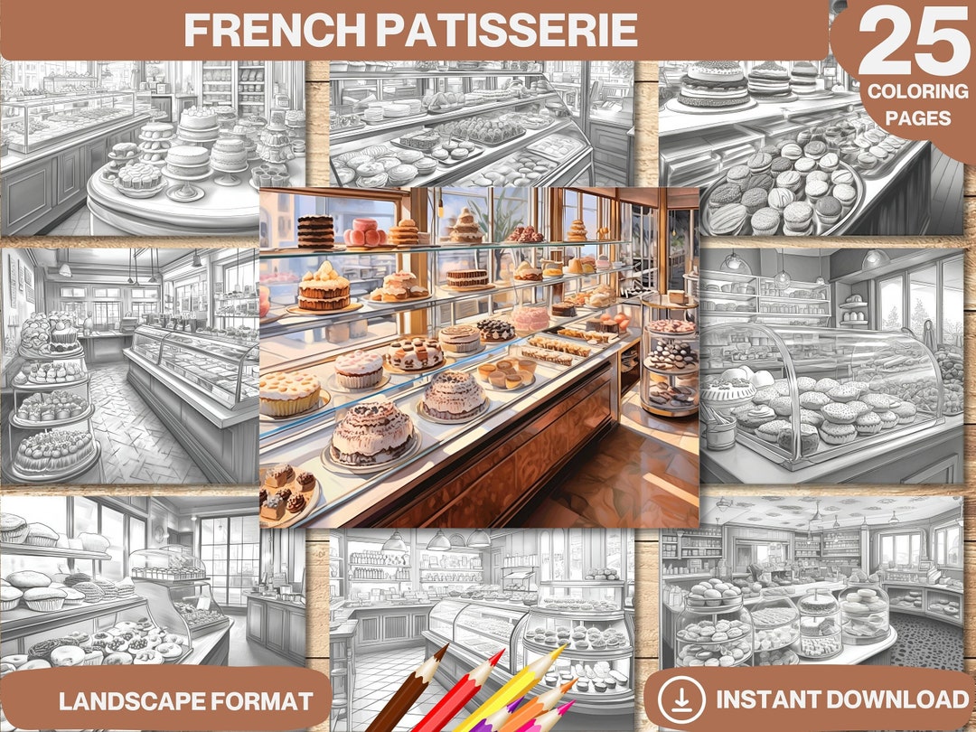 French Patisserie Pastry Coloring Books | Grayscale Coloring Sheet ...