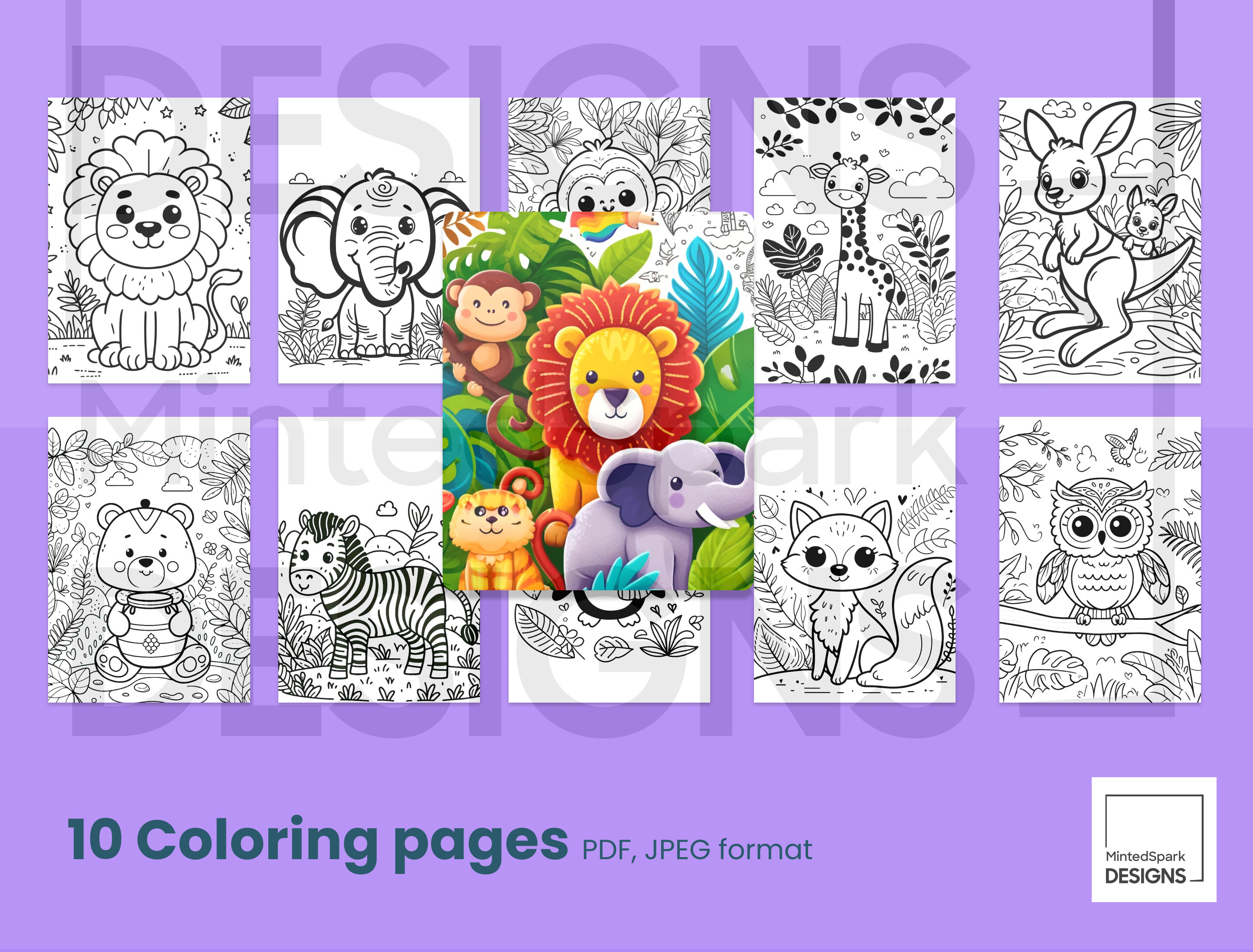 Animal Jungles Book: 10 Animal Coloring Pages by Minted Spark digital ...