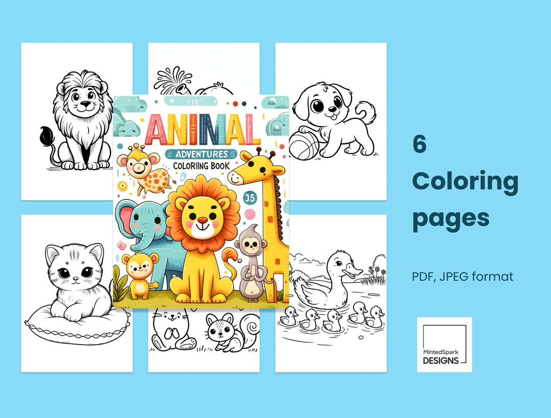 Animal Adventures Book: 6 Animal Coloring Pages by Minted Spark digital ...