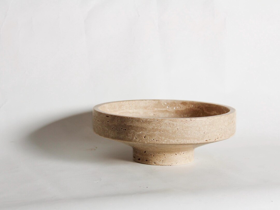 9.8” Travertine Pedestal Bowl, Minimalist Stone Centerpiece, Rustic ...