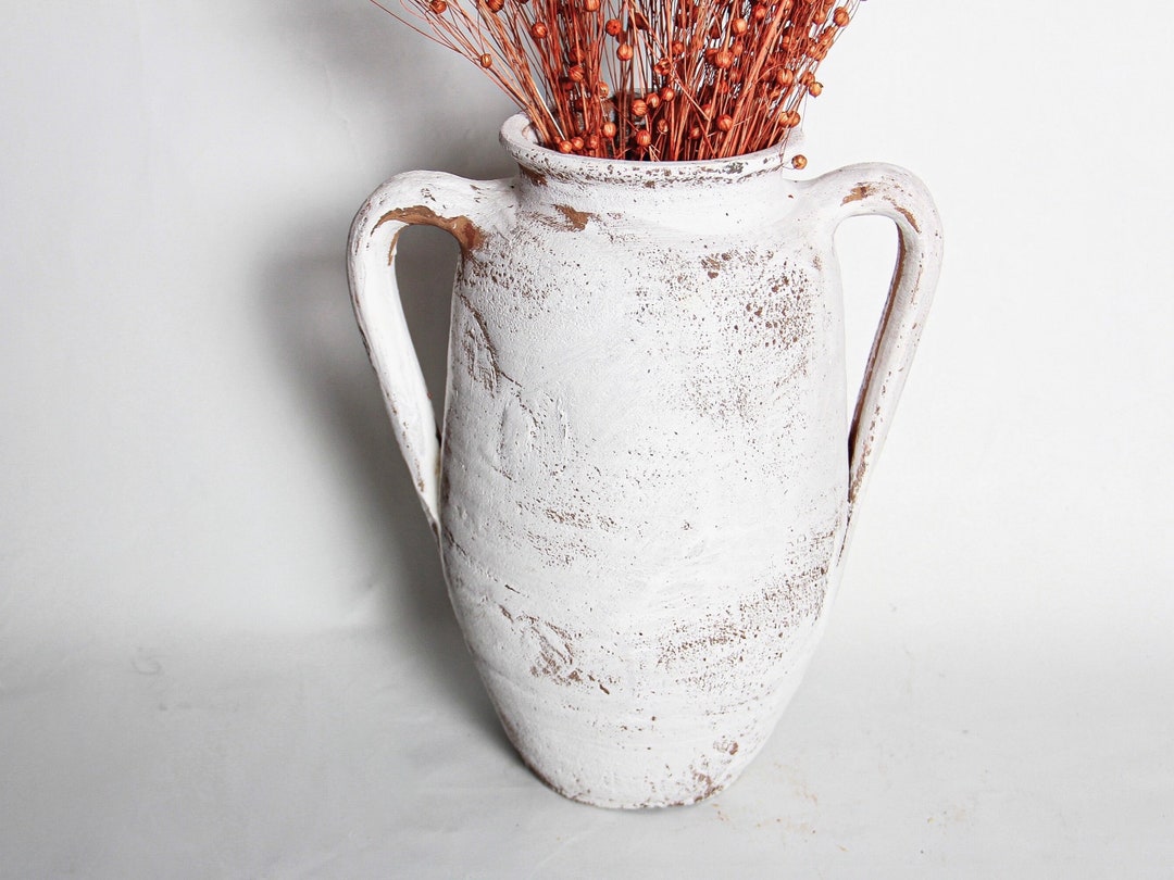 Distressed White Clay Vase, Rustic Farmhouse Decor, Handcrafted Double ...