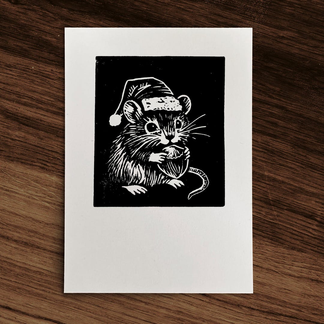 Christmas Mouse – Original Linocut Print, Linocut in A6 Format - Etsy