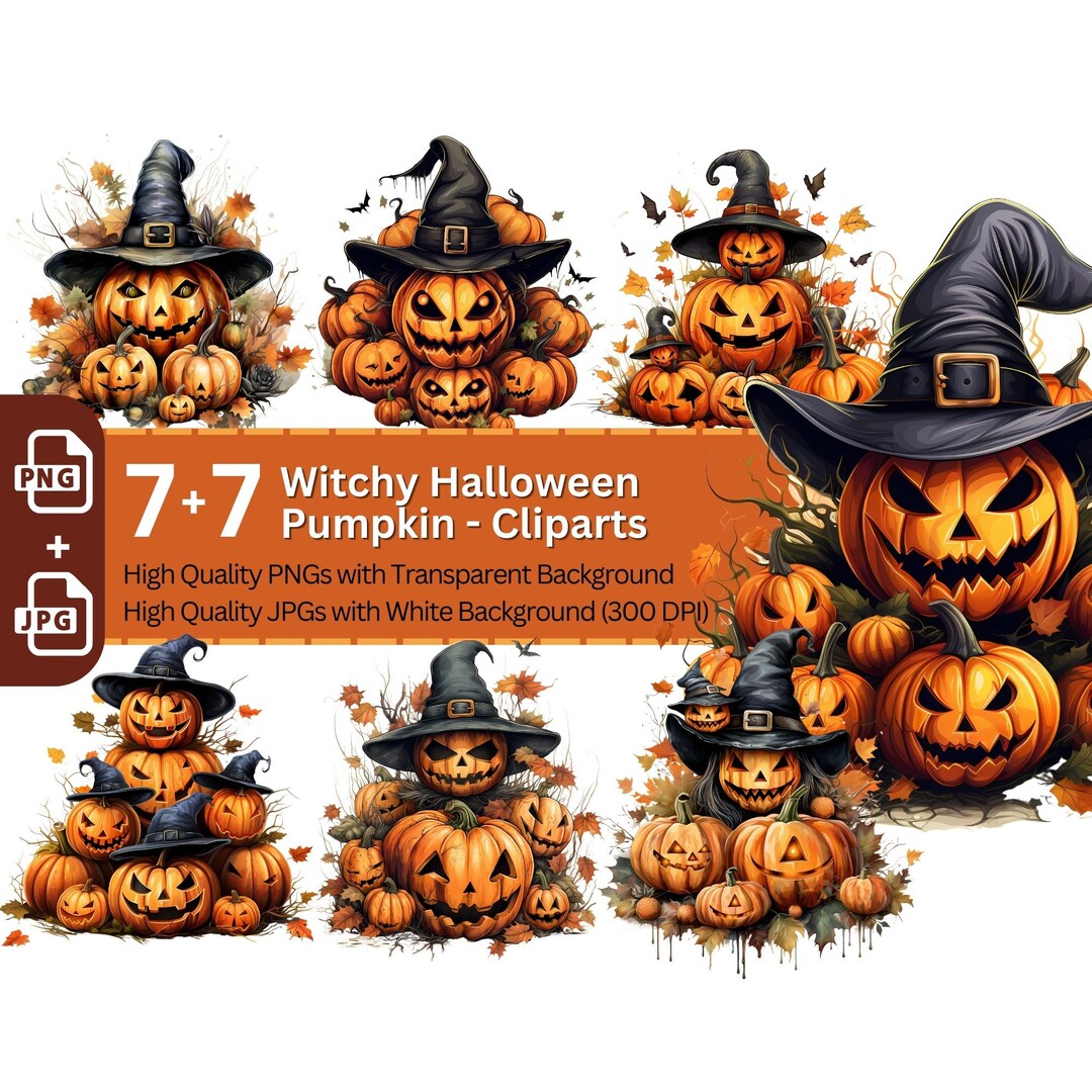 Witchy Halloween Pumpkins Clipart 7+7 PNG Bundle Halloween Invitation ...