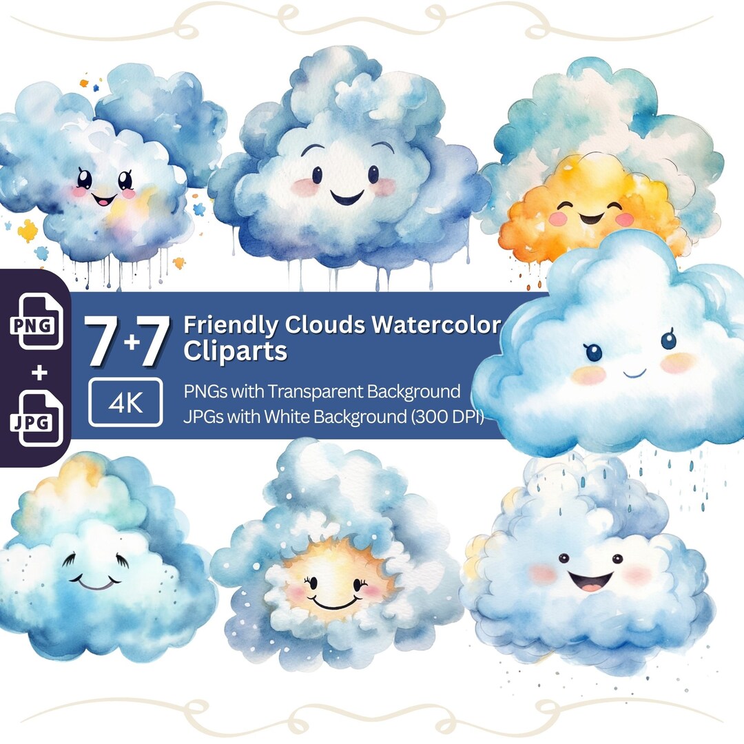 Happy Clouds Clipart Bundle PNG Watercolor Sublimation T-shirt Design ...