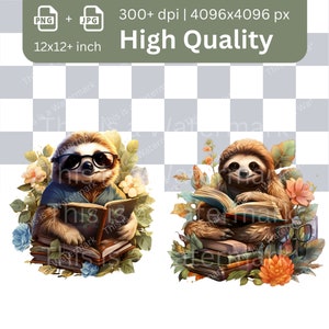 Sloth Reading a Book Clipart 7+7 PNG/JPG Bundle Bookworm Card Design ...