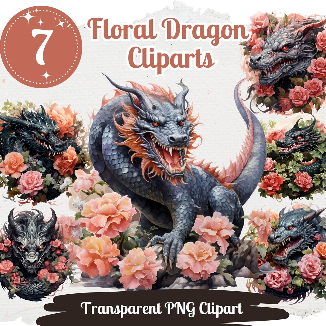 Floral Dragon Cliparts 7 PNG Bundle Fantasy Card Design Paper Crafting ...