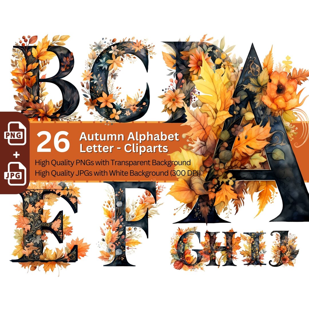 Autumn Alphabet 26x PNG Clip Art Bundle Fancy Letters Autumn Color for ...