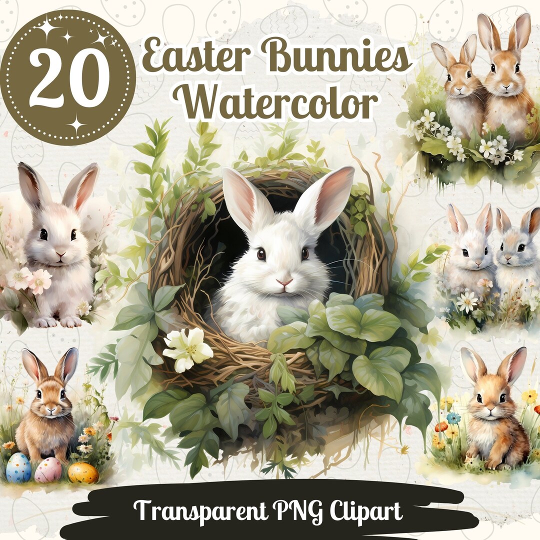 Watercolor Easter Bunny Clipart: Pastel Spring PNG Bundle (digital ...