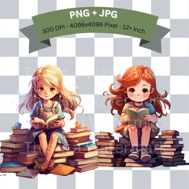 Bookworm Girl PNG Clipart Bundle, Book Lover Art (digital Download ...