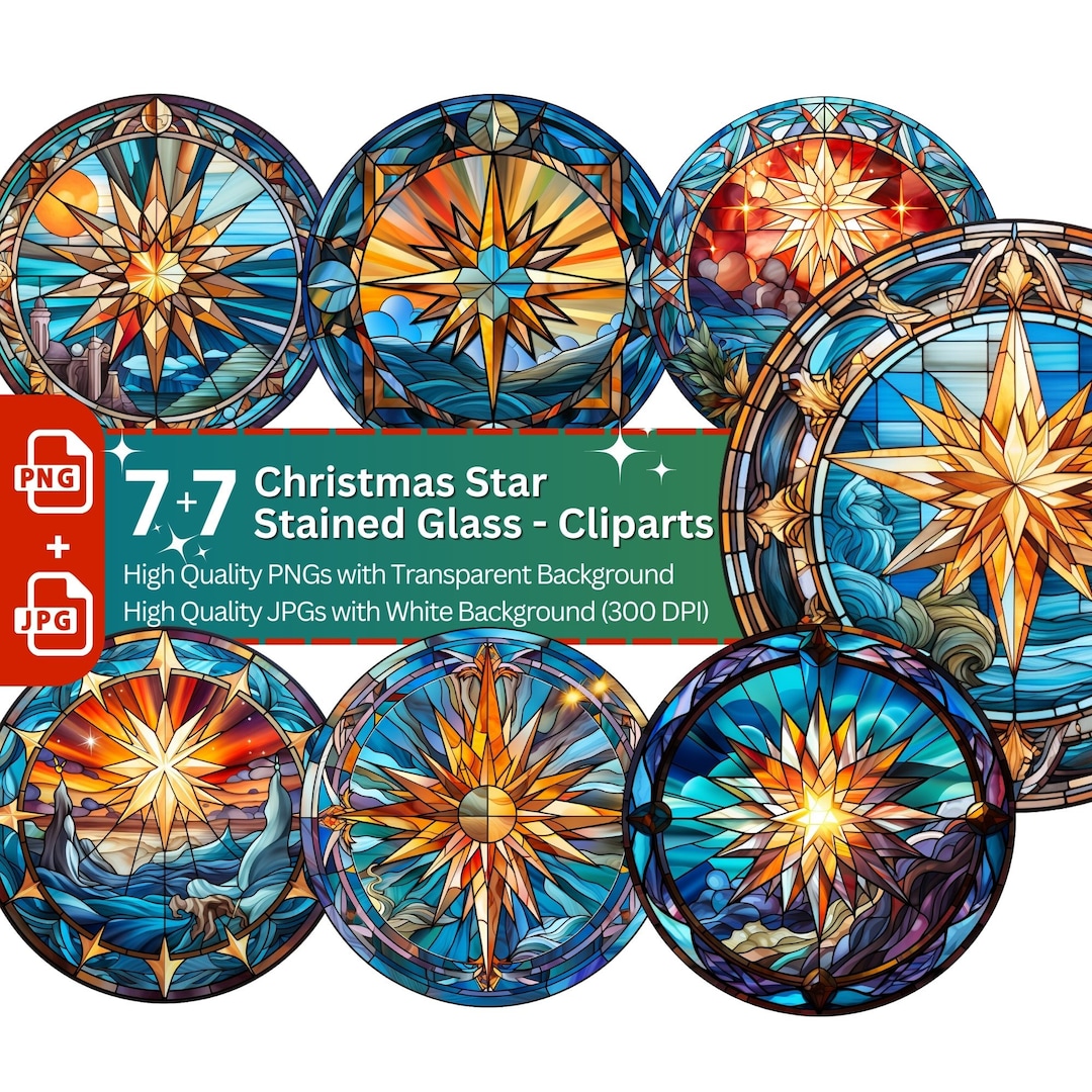 Christmas Star Stained Glass Clipart 7+7 PNG/JPG Bundle Winter ...