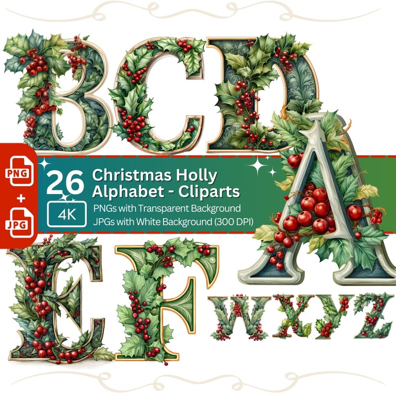 Christmas Holly Alphabet Clipart: 26 PNG Letter Graphics (digital ...