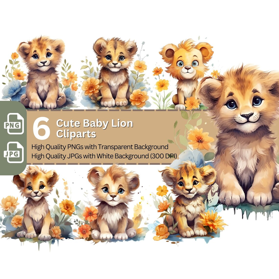 Cute Baby Lion 6x PNG Clip Art Bundle Sublimation & Clipart Print on ...