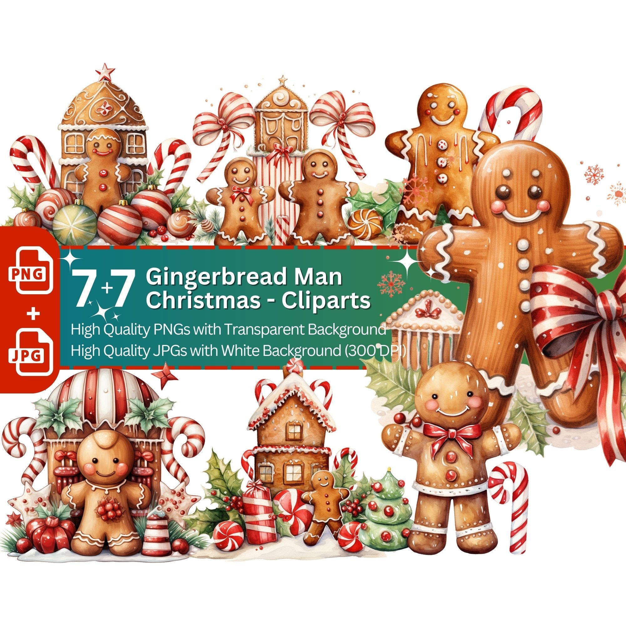 Watercolor Gingerbread Man Clipart: Christmas PNG JPG Bundle (digital ...