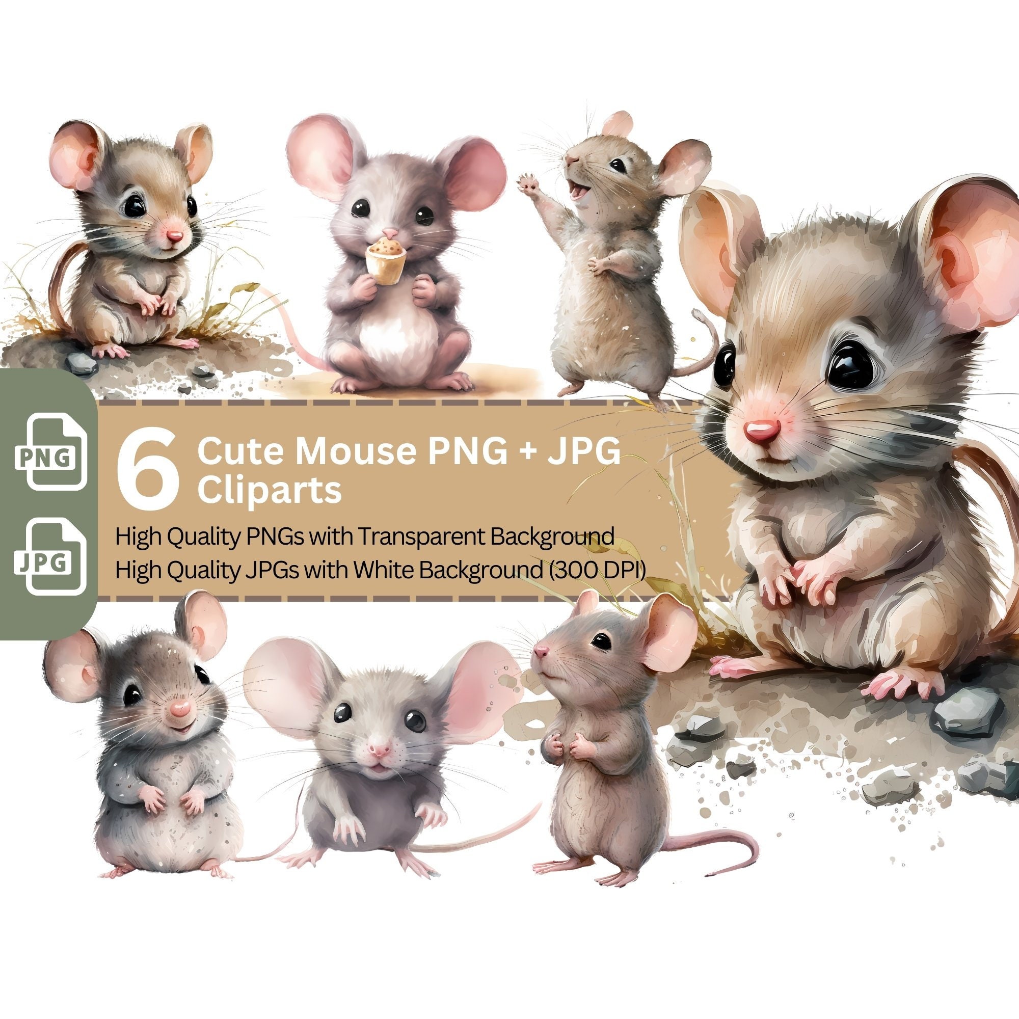 Cute Mouse Clipart 6 High Quality Pngs Nursery Art Card Making - Etsy