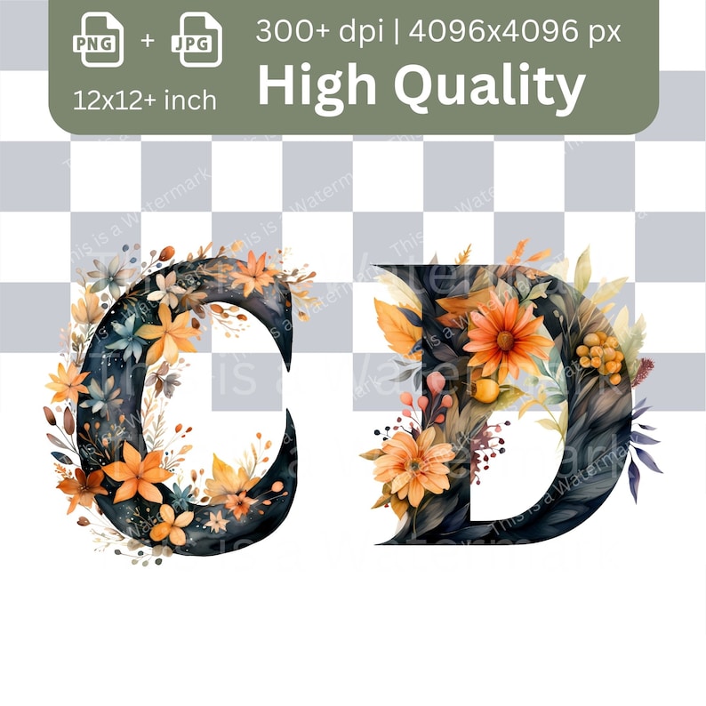 Autumn Floral Alphabet Clipart: Fall Letter PNG Bundle (digital ...