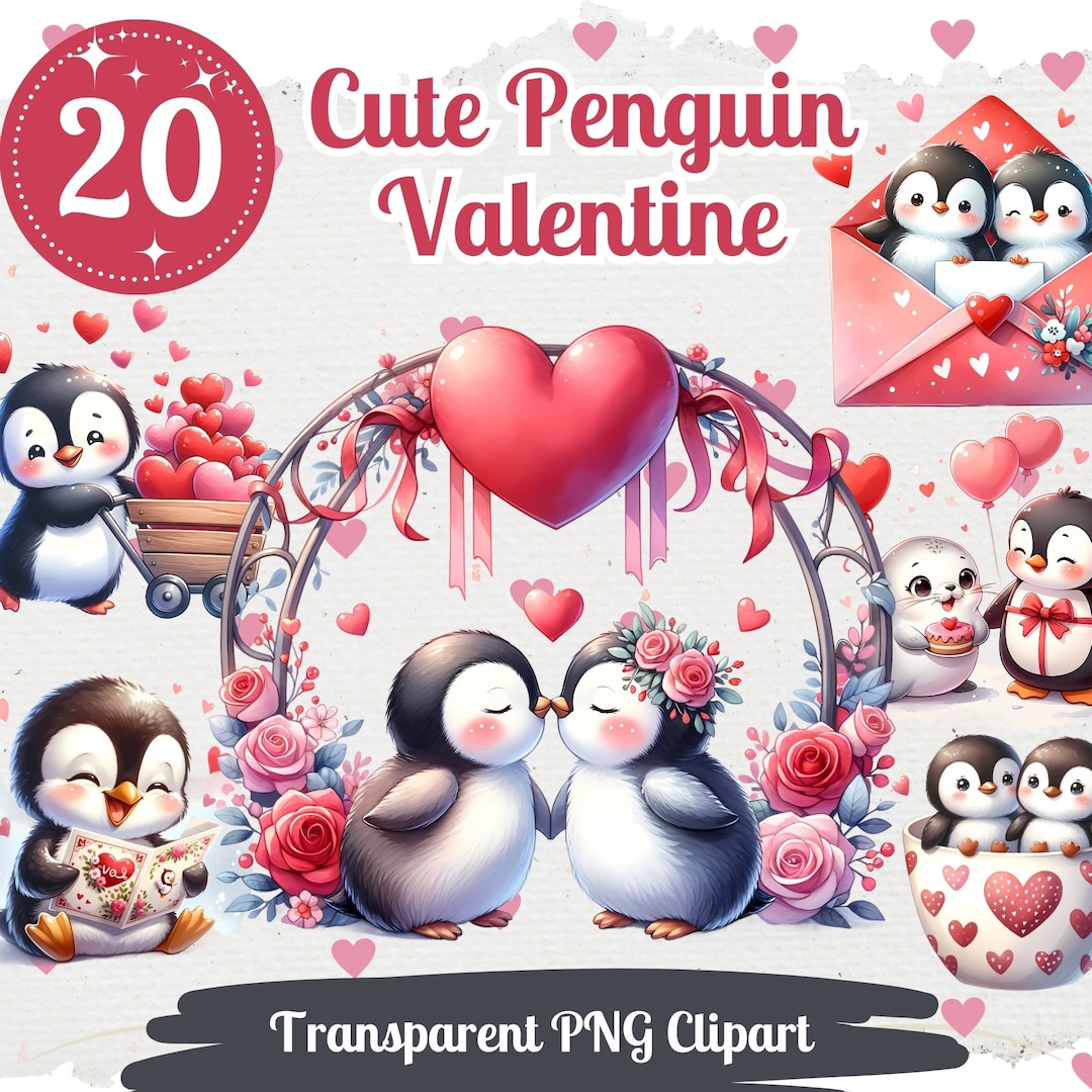 Love Penguin Cliparts 20 PNG Bundle Cute Valentines Day Set Card ...