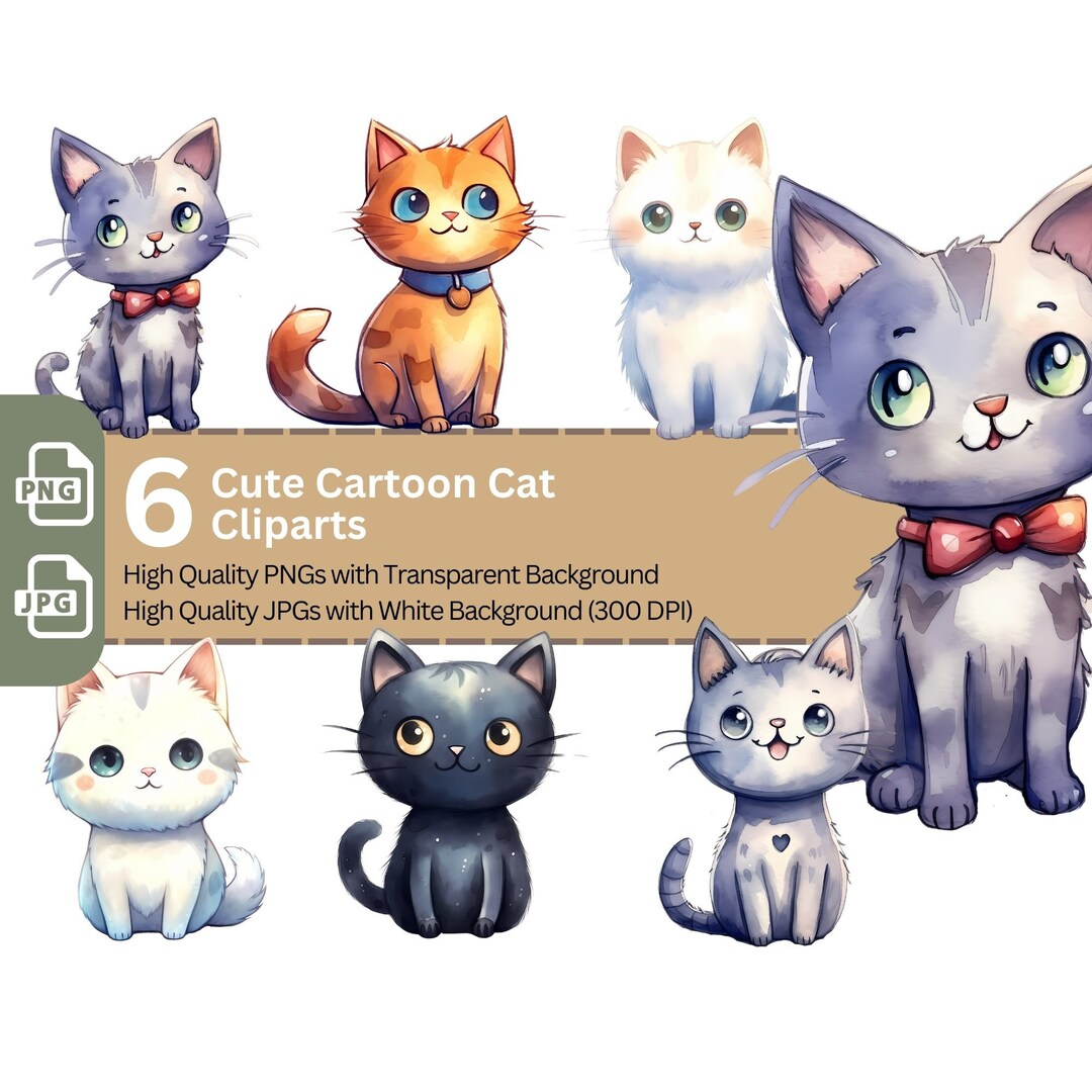 Cute Cartoon Cat 6x PNG Clip Art Bundle Sublimation Design Nursery Art ...