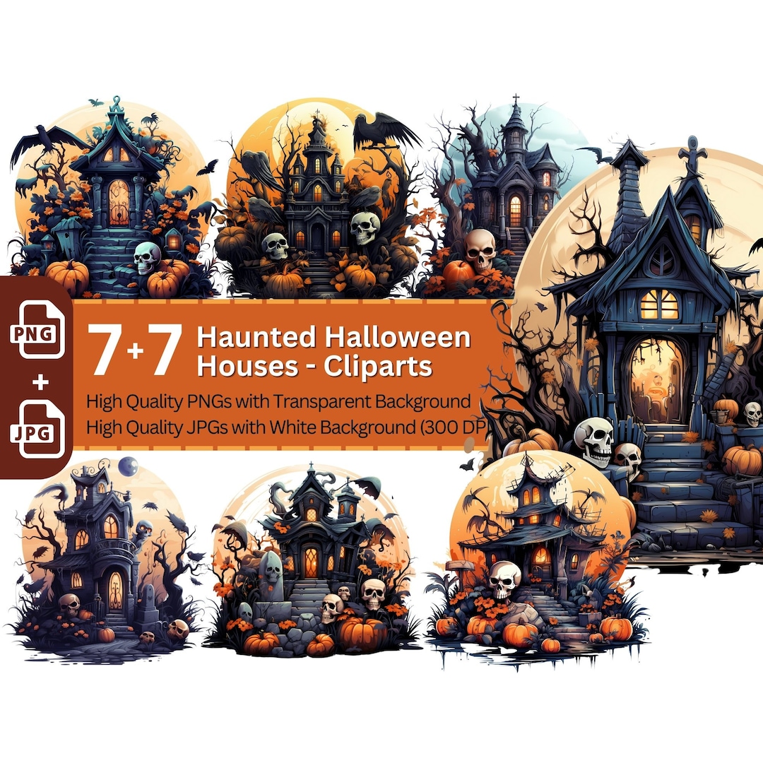 Haunted Halloween House Clipart 7+7 PNG Bundle Halloween Invitation ...