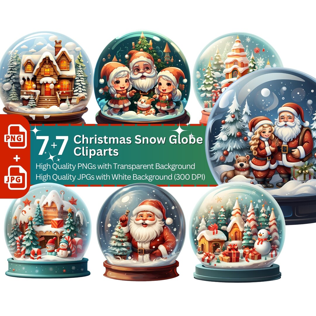 Christmas Snow Globe Clipart 7+7 PNG/JPG Bundle Christmas Decoration ...