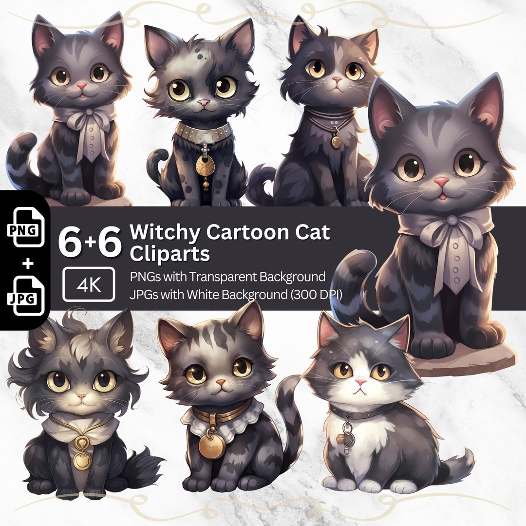 Witchy Cat Clipart Bundle: Cartoon Kitten PNG, JPG (digital Download ...