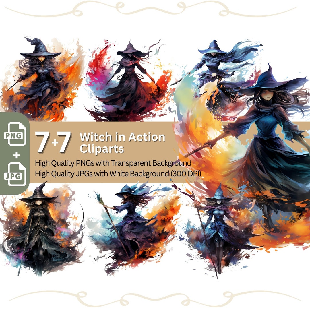 Witch in Action Clipart 7+7 PNG Bundle Magic Fantasy Artwork Fire Witch ...