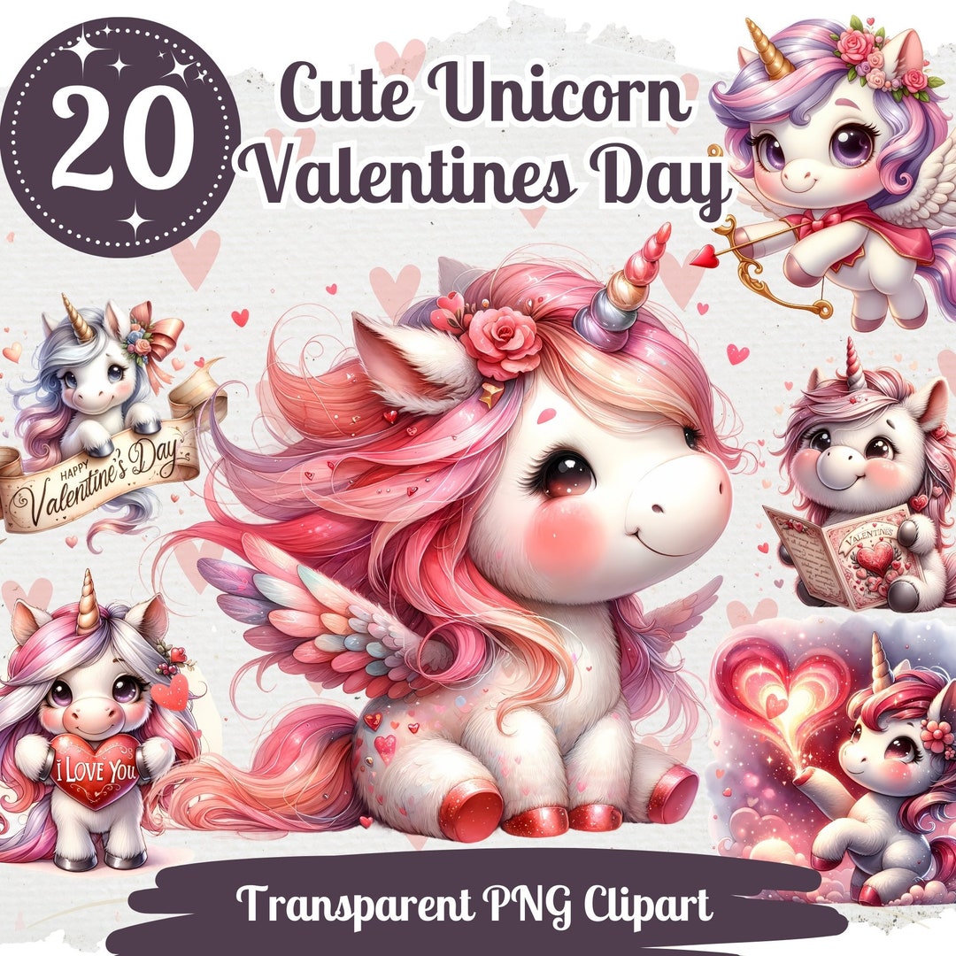 Valentines Unicorn Cliparts 20 PNG Bundle Cute Valentines Day Set Card ...