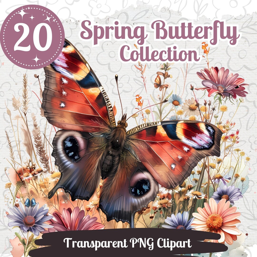 Spring Butterfly Cliparts 20 PNG Bundle Watercolor Floral Illustration ...