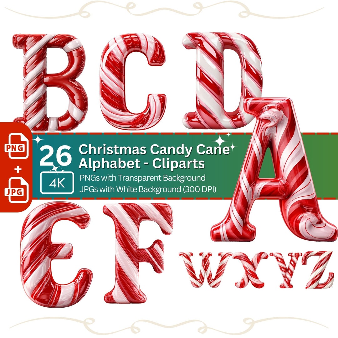 Candy Cane Alphabet Clipart 26 PNG Bundle Christmas Sweet Font Clipart ...