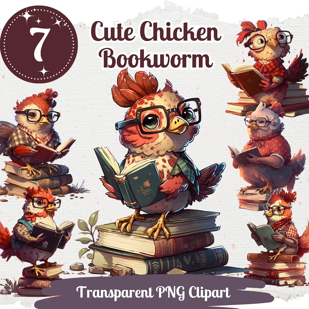 Cute Chicken Reading Clipart 7 PNG Bundle Stack of Books Graphic Book ...