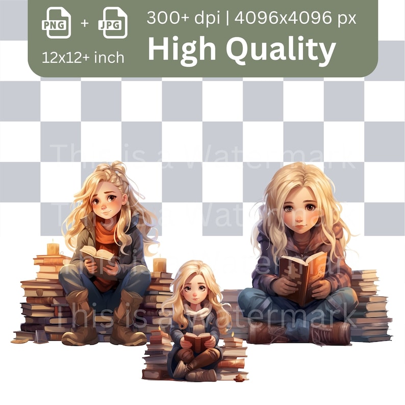 Cute Blonde Girl Bookworm PNG Clip Art Bundle for Book Lovers - Etsy