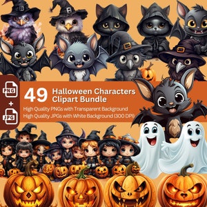 Halloween Character Clipart 49+49 PNG/JPG Bundle Halloween Invitation ...