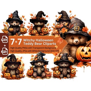 Witchy Halloween Teddy Bear Clipart 7+7 PNG Bundle Invitation Card ...