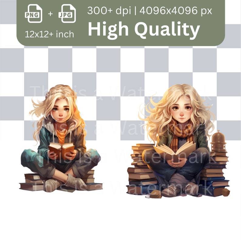 Cute Blonde Girl Bookworm PNG Clip Art Bundle for Book Lovers - Etsy