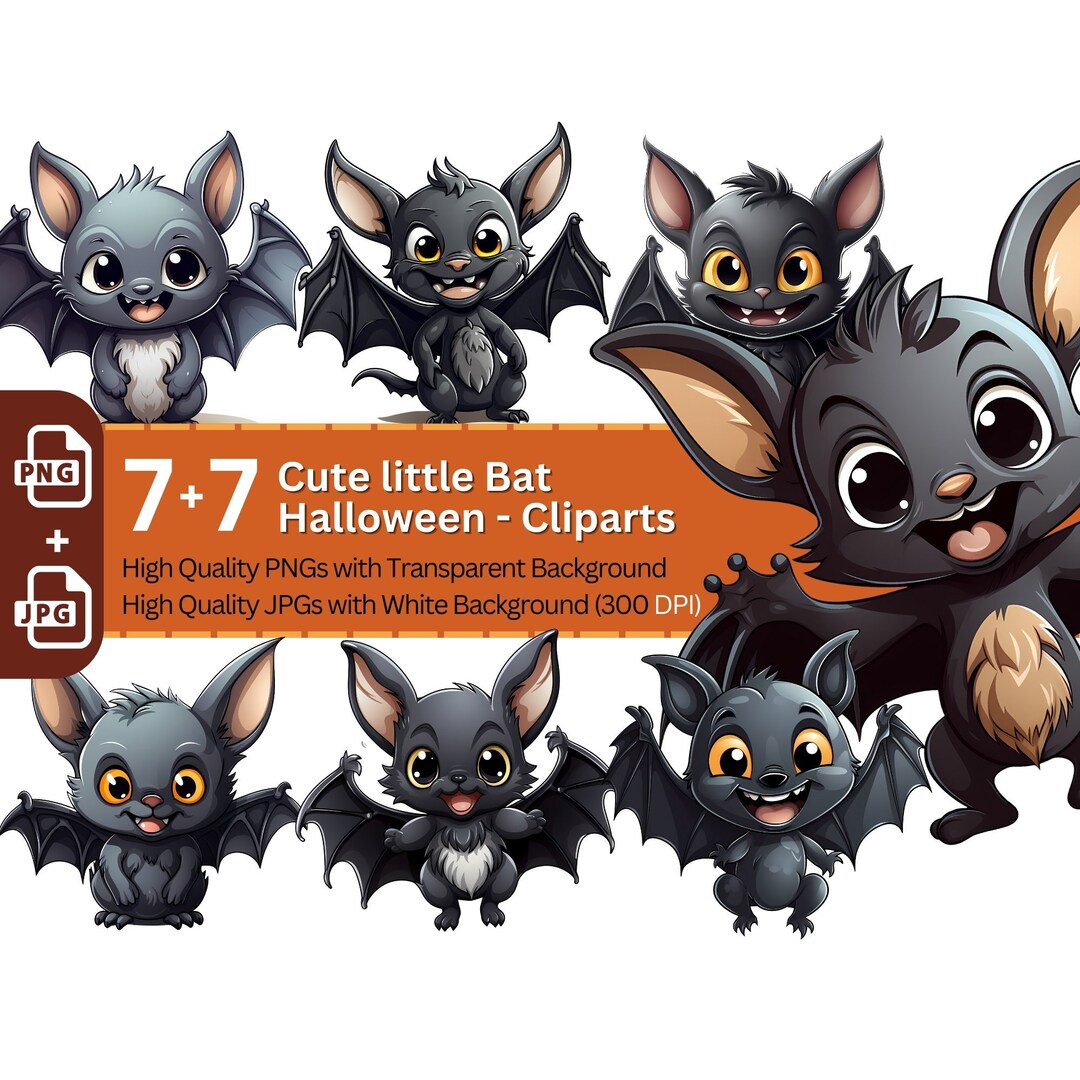 Cute Bats Clipart 7+7 PNG Bundle Halloween Invitation Card Design Paper ...
