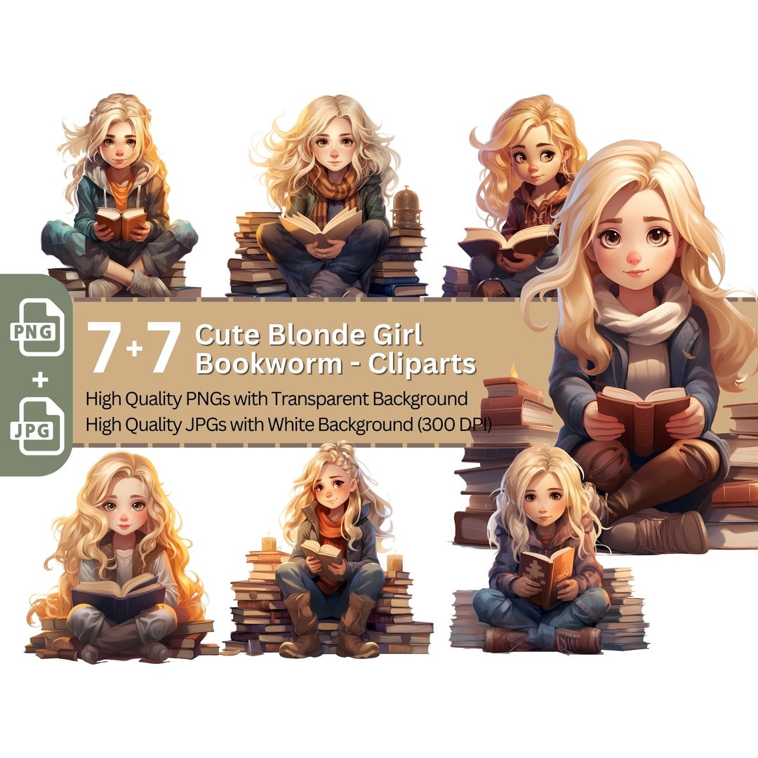 Cute Blonde Girl Bookworm PNG Clip Art Bundle for Book Lovers ...