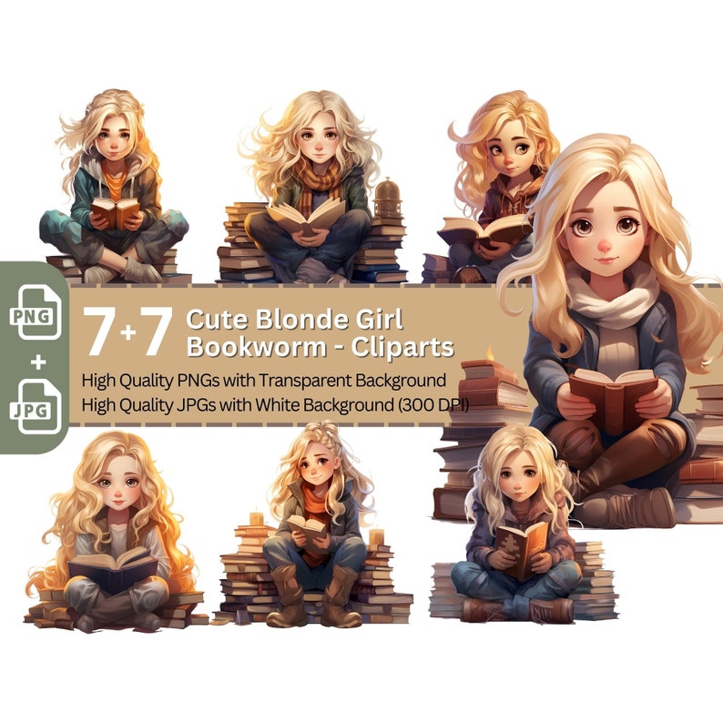 Cute Blonde Girl Bookworm PNG Clip Art Bundle for Book Lovers - Etsy
