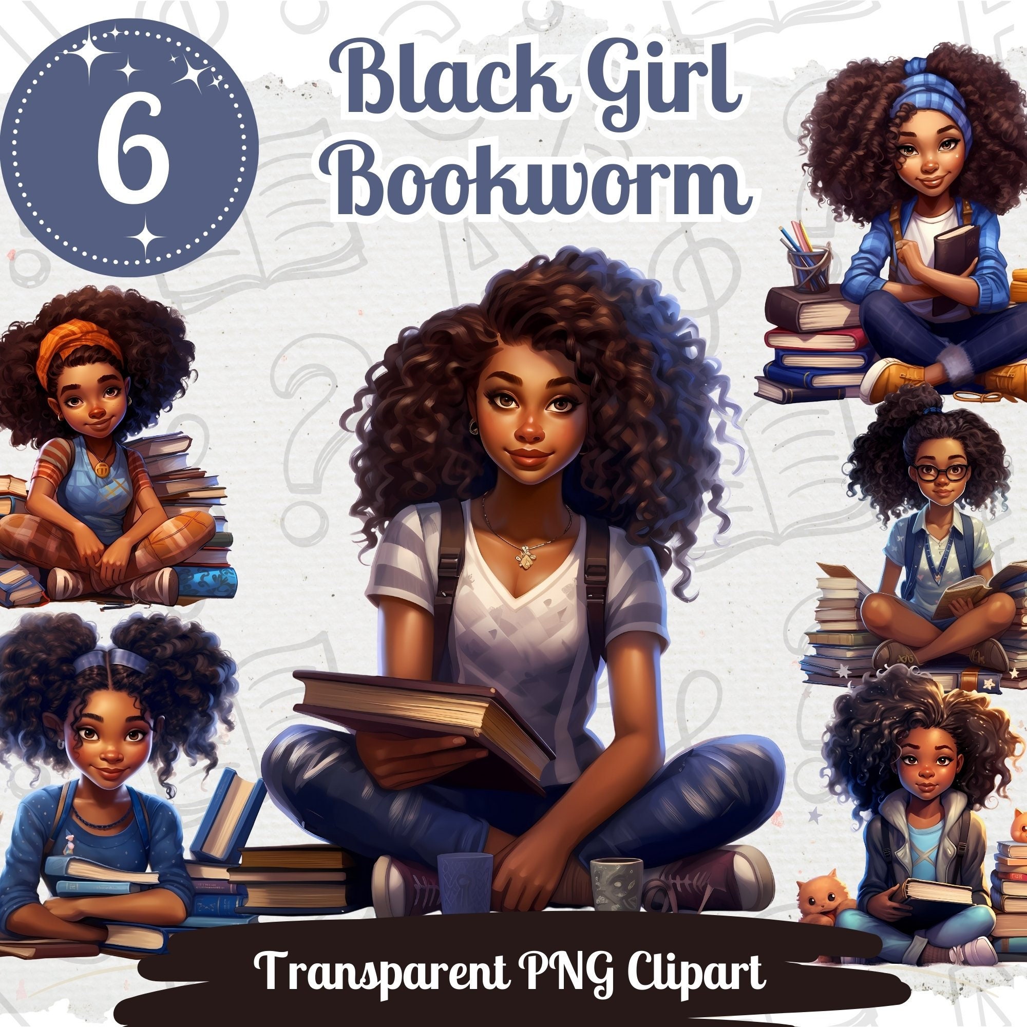 Black Girl Bookworm Clipart: PNG Bundle for Sublimation (digital ...
