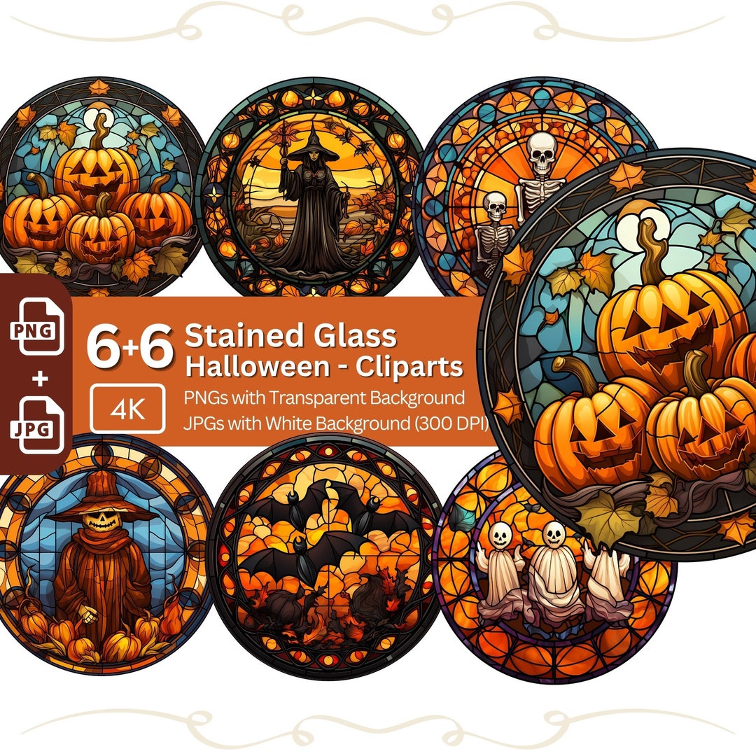Halloween Stained Glass Designs 6x PNG Clip Art Bundle Gothic Halloween ...