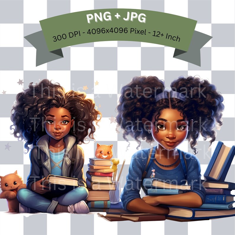Black Girl Bookworm Clipart: PNG Bundle for Sublimation (digital ...