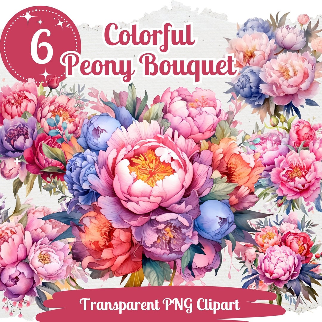 Colorful Peony Bouquet 6x PNG Clip Art Bundle Illustration Sublimation ...