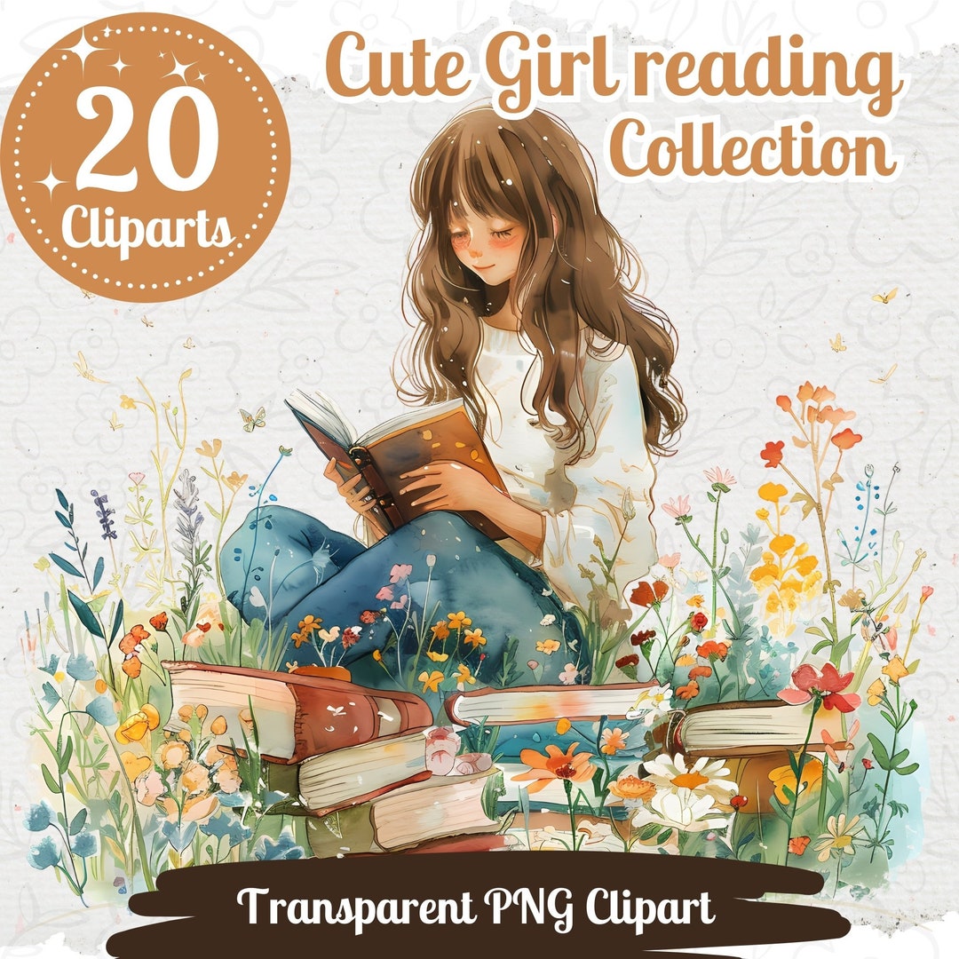 Bookworm Girl Watercolor Clipart Bundle: Reading in Wildflower Meadow ...