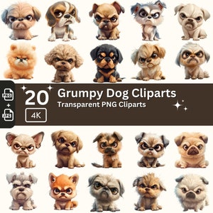 Grumpy Dogs Cliparts 20 PNG Bundle Funny Dog Illustrations Cute Grumpy Dog Cartoons Fluffy Dog ...