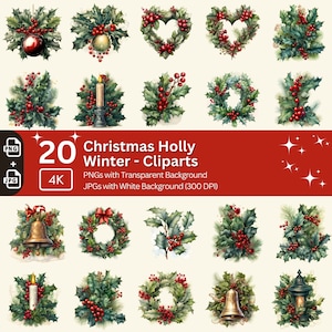 Christmas Holly Clipart 20x PNG Bundle Christmas Decoration Clipart ...