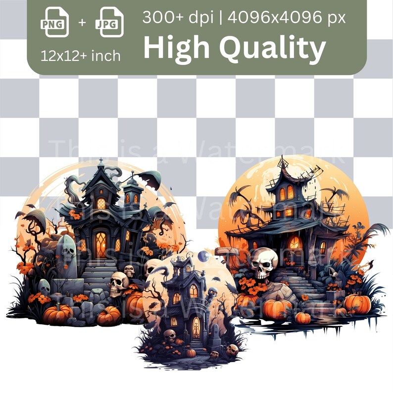Haunted Halloween House Clipart 7+7 PNG Bundle Halloween Invitation ...