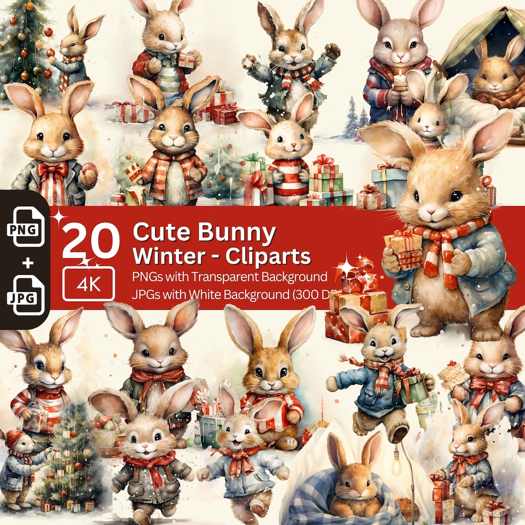Cute Christmas Bunny Clipart 20 PNG Bundle Festive Animal Clipart ...