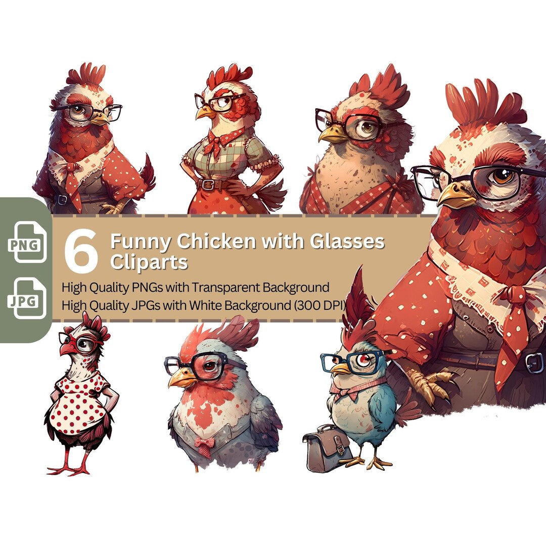 Funny Chicken With Glasses 6x PNG Clip Art Bundle Sublimation & Clipart ...