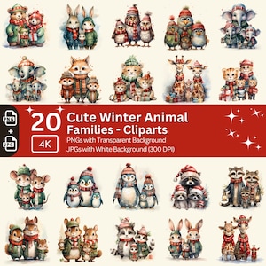 Cute Winter Animal Families Clipart 20 PNG Bundle Christmas Watercolor ...