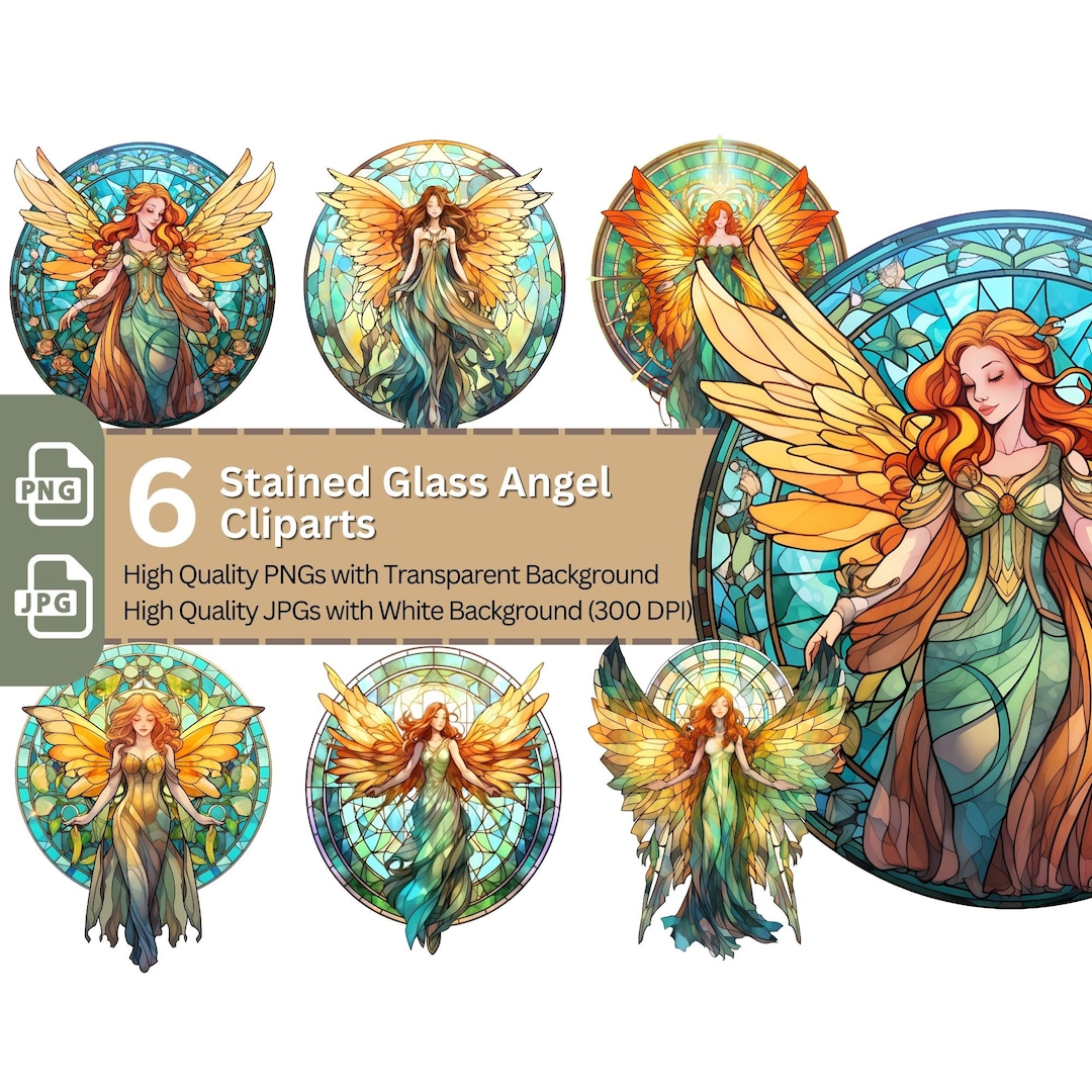Stained Glass Angel Clipart: Azure & Gold Fantasy Designs (PNG JPG) - Etsy
